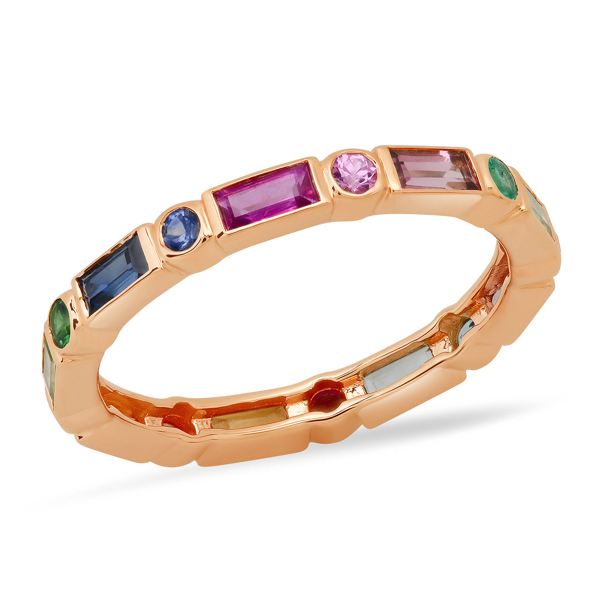 Rainbow Bezel Set Round and Baguette Ring- Eriness Jewelry